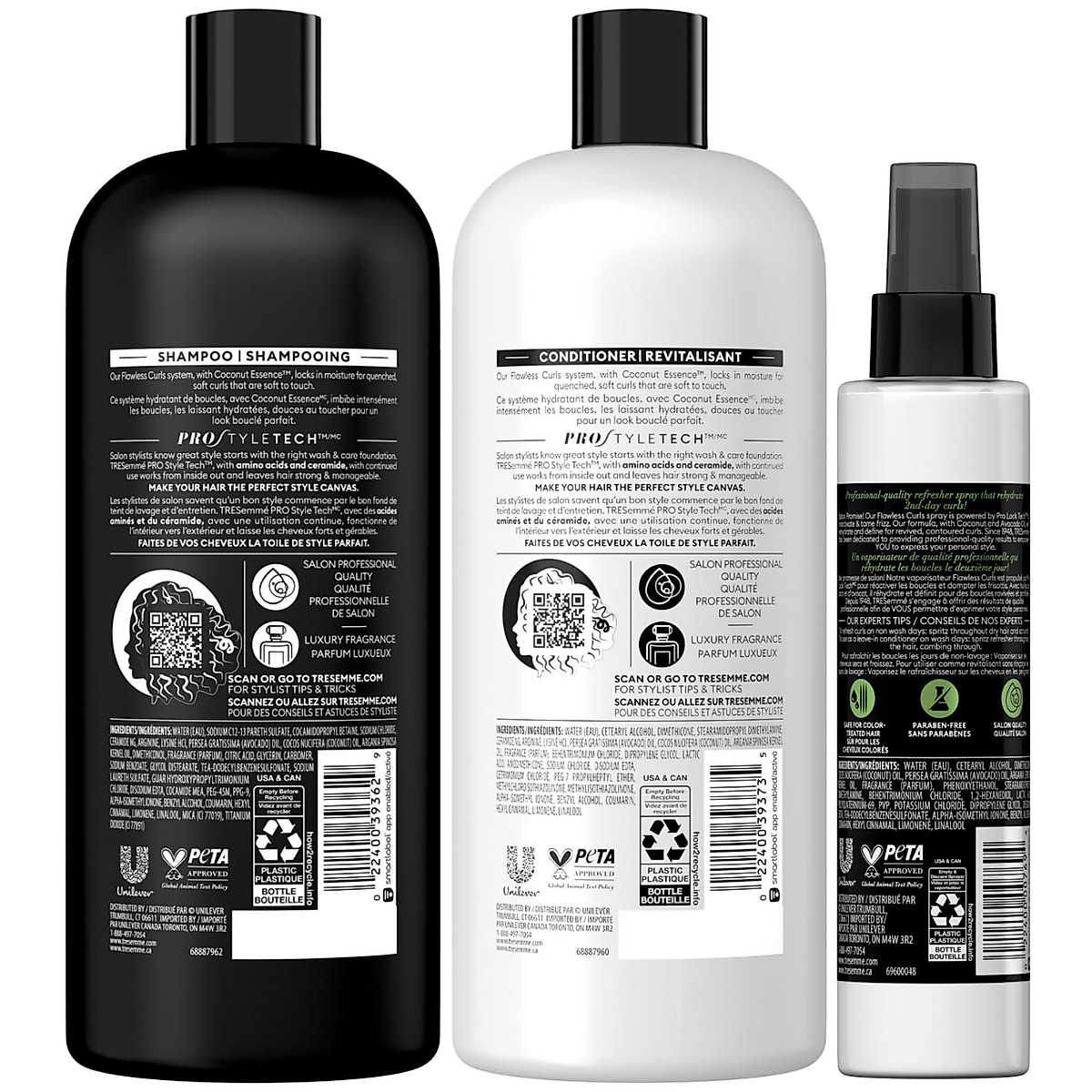 TRESemmé Pro Care Curls Shampoo and Conditioner Set Plus Flawless Curls Leave-In Conditioner Spray with Coconut Oil - Sulfate-Free Shampoo & Conditioner, Hair Care Gift Set for Women (3 Piece Set)