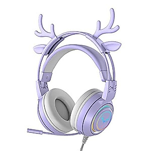 Atrasee Stereo Gaming Headset for PS4 PC Xbox One PS5 Controller, Noise Cancelling Over Ear Headphones with Mic, LED Light, Bass Surround, Soft Memory Earmuffs for Laptop Mac Nintendo (Purple Antlers)
