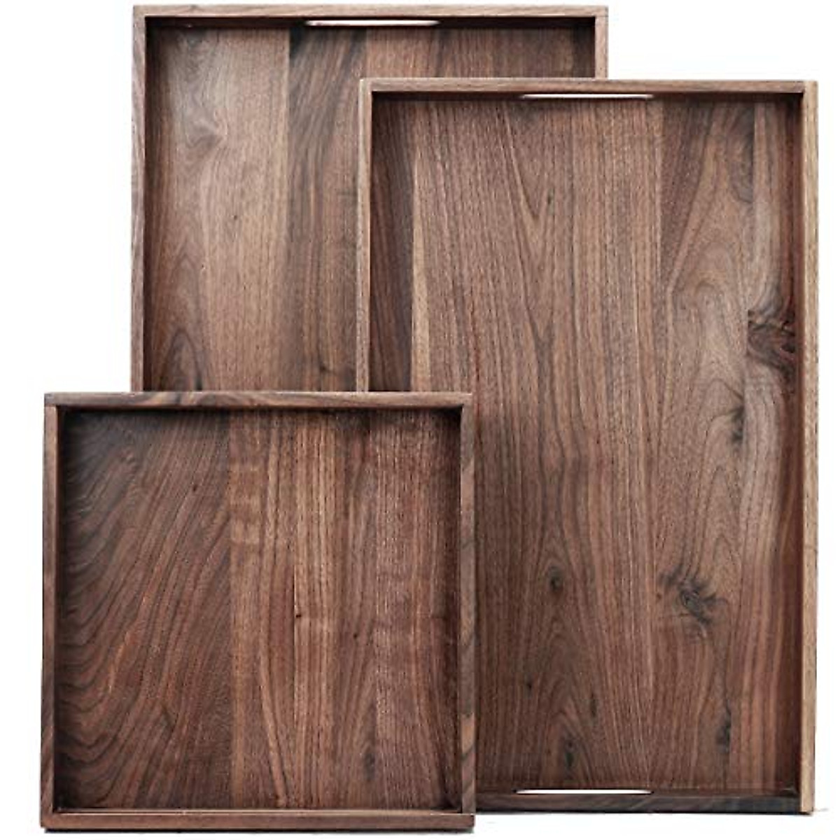 MAGIGO Set of 3 Large Solid Black Walnut Wood Ottoman Tray with Handles, Serve Tea, Coffee or Breakfast in Bed, Classic Wooden Decorative Serving Tray, L+M+S