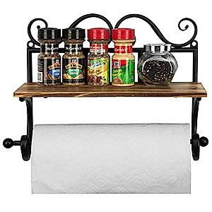MyGift Wall Mounted Black Metal Kitchen Paper Towel Holder and Burnt Solid Wood Storage Display Shelf Spice Rack with Vintage Scrollwork Design