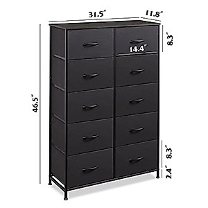 WLIVE 10-Drawer Dresser, Fabric Storage Tower for Bedroom, Hallway, Nursery, Closets, Tall Chest Organizer Unit with Textured Print Bins, Steel Frame, Wood Top, Easy Pull Handle, Charcoal Black