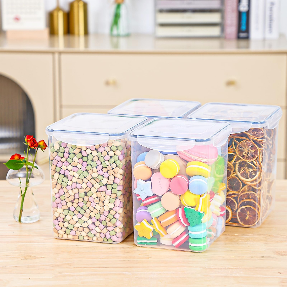 6 Pack 5.2L Large Airtight Food Storage Containers for Kitchen Organization, Plastic Large Pantry Storage Boxes with Lables and Measuring Spoon Set for Flour, Sugar, Rice and Baking Supply