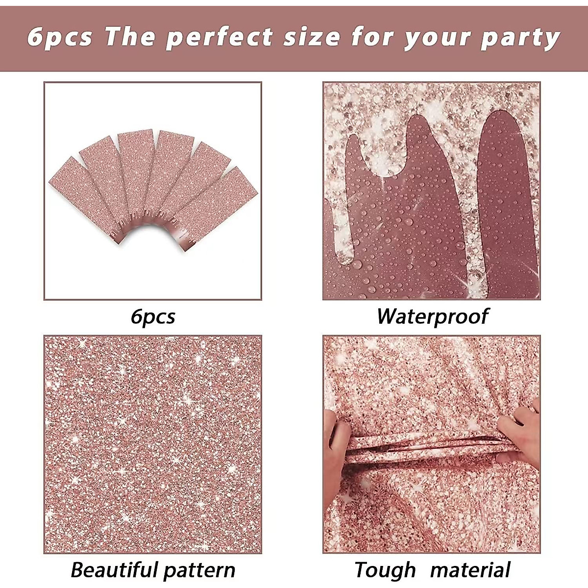6pcs Pink Rose Gold Birthday Party Tablecloths Rose Gold Sequin Printed Plastic Table Cover Glitter Diamonds Happy Birthday Background for Girls Wedding Graduation Anniversary Indoor Outdoor（Plastic）