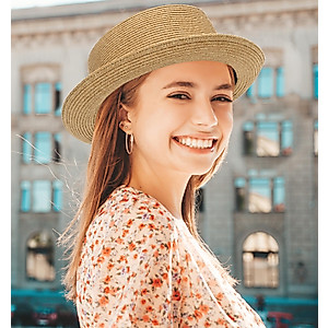 Men/Women Summer Straw Pork Pie Hat Boater Derby Fedora Sun Hats with Bowknot(S/M)