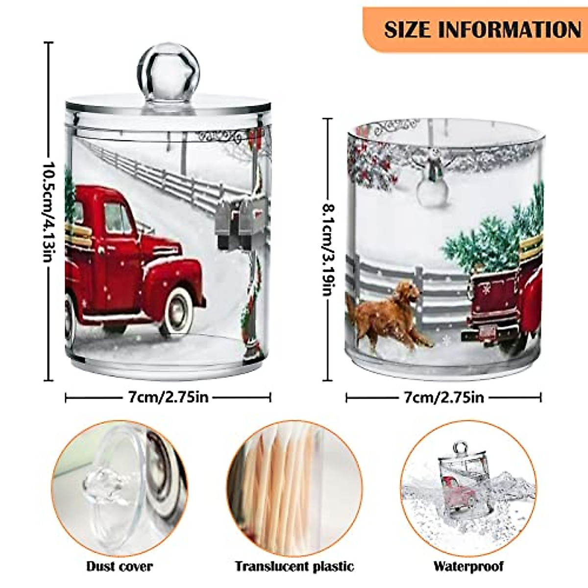 Gredecor Christmas Winter Qtip Holder Dispenser 2 Pack Red Xmas Tree Truck Winter Snowflake Dog Bathroom Decorative Storage Canister Holder Counter Vanity Organizer for Cotton Ball Swabs Pads Floss