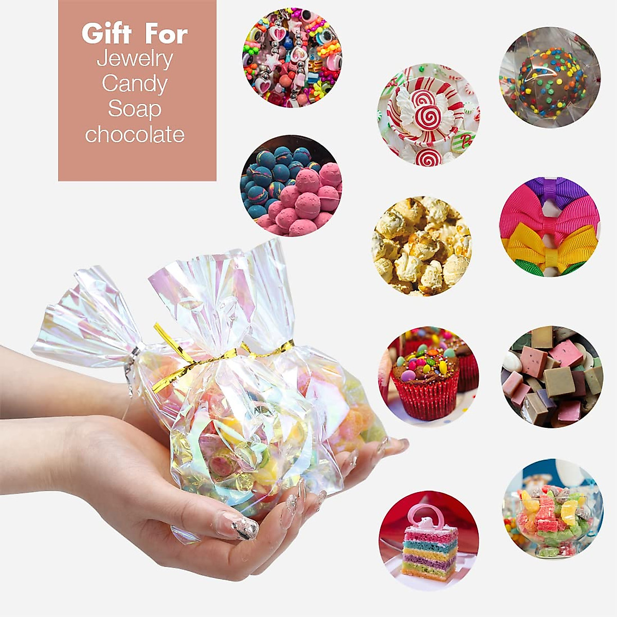 QTOP Cellophane Treat Bags,Iridescent Holographic Goodie Bags, Clear Cello Bags with Twist Ties for Birthday Party Favors, Valentines, Easter, Weddings，Halloween，Christmas (4x6 inches(pack of 100))