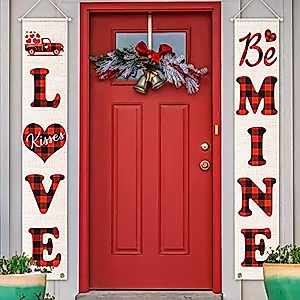 Hicarer 2 Pieces Buffalo Plaid Hanging Banners Valentines Porch Signs Be Mine and Love Door Banners Heart Valentines Banner Decorations for Holiday Home Wall Valentine's Day Decoration (Chic Color)