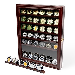 DECOMIL Challenge Coin Display Case - Solid Wood Coin Holder for 56 Military Challenge Coins, Wall Mountable Glass Door, Cherry Finish - Coin Collection Supplies