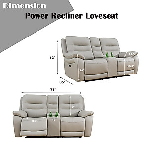Ocstta Genuine Leather Power Recliner Couch, 77" Leather Couch with Storage Console&Cup Holer, Top Grain Reclining Leather Couch for Living Room Office Apartment (Recliner Loveseat, Light Grey)