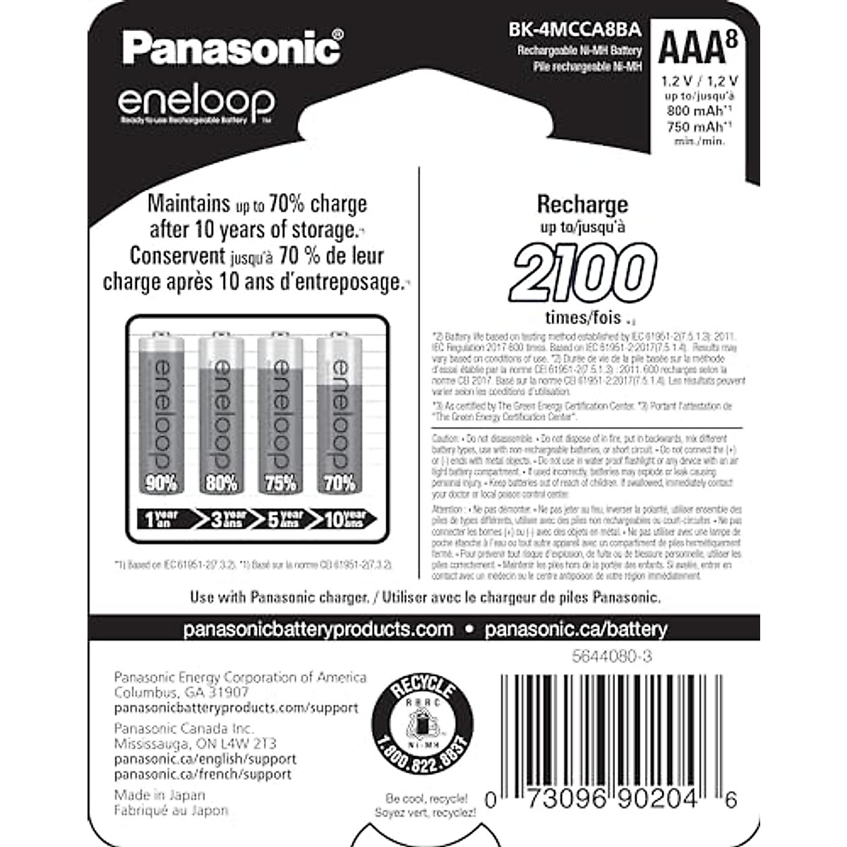 Eneloop Panasonic BK-4MCCA8BA AAA 2100 Cycle Ni-MH Pre-Charged Rechargeable Batteries, 8-Battery Pack
