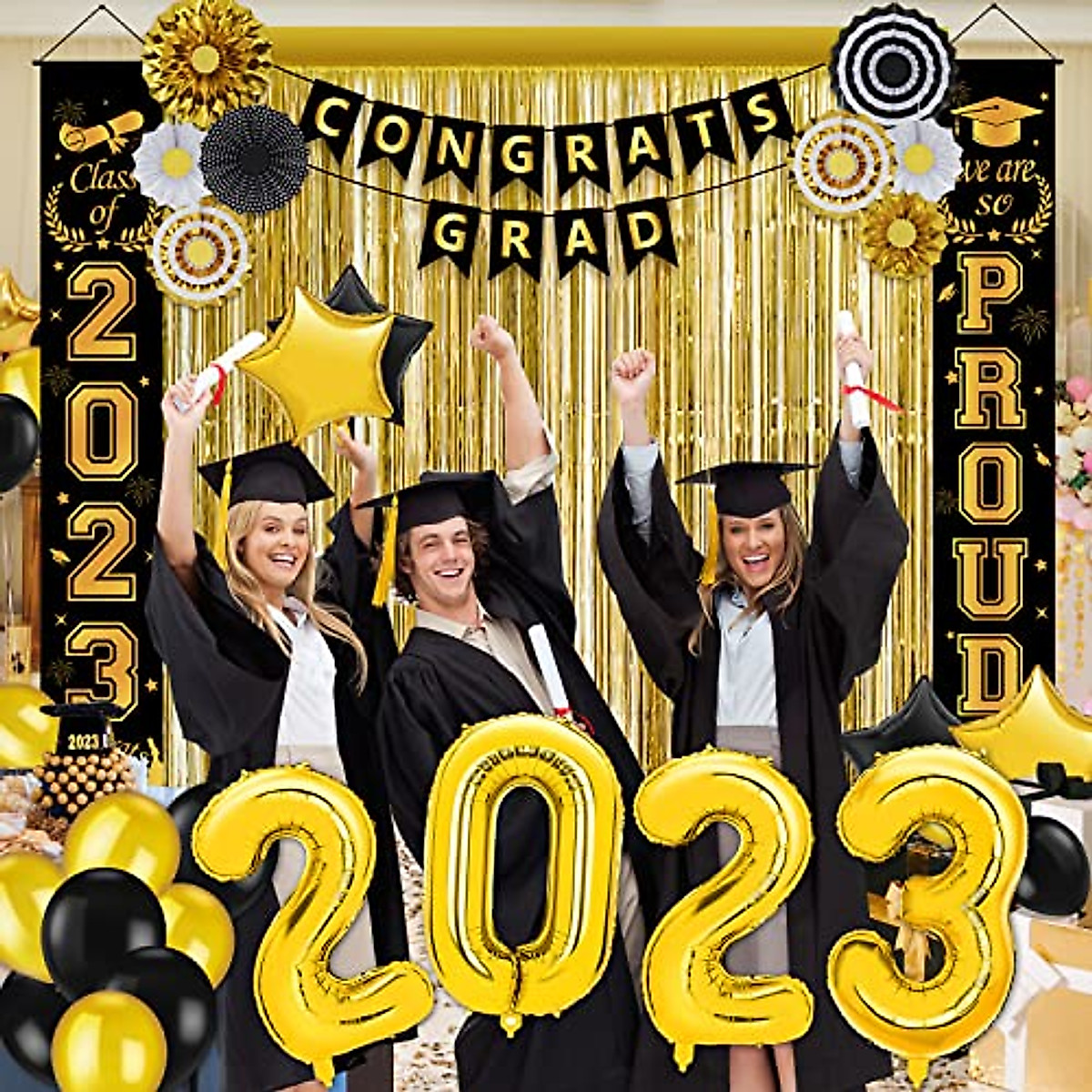 2023 Graduation Party Decorations, Black & Gold Graduation Decor Kits Include Banners and Balloons, Ideal Congrats Grad Decorations For High School, College