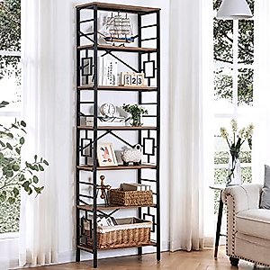 HOMISSUE Bookcase,7-Tier Tall Bookshelf Metal Bookcase and Bookshelves, Free Standing Storage Modern Bookshelf for Home Office Living Room and Bedroom, Rustic Brown