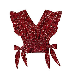 LYANER Women's V Neck Polka Dots Ruffle Cap Sleeve Shirred Hem Blouse Crop Tank Top Red Small