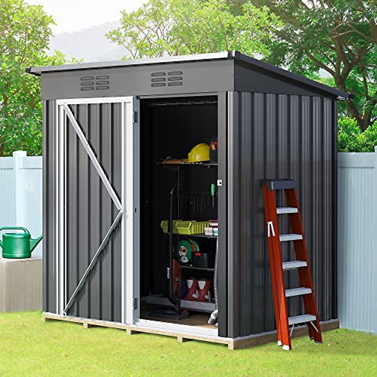 DWVO Outdoor Storage Shed 5x3FT, Heavy Duty Metal Tool Sheds Storage House with Lockable Door & Air Vent for Garden, Patio, Lawn to Store Bikes, Trash Bins, Tools, Lawnmowers, Dark Gray