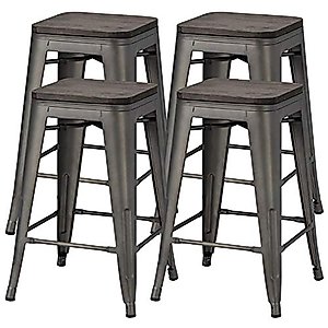 Yaheetech 24 inches Metal Bar Stools Counter Stool Indoor/Outdoor Stackable Barstools Counter Wood Top/Seat Bar Stools Set of 4, Gunmetal