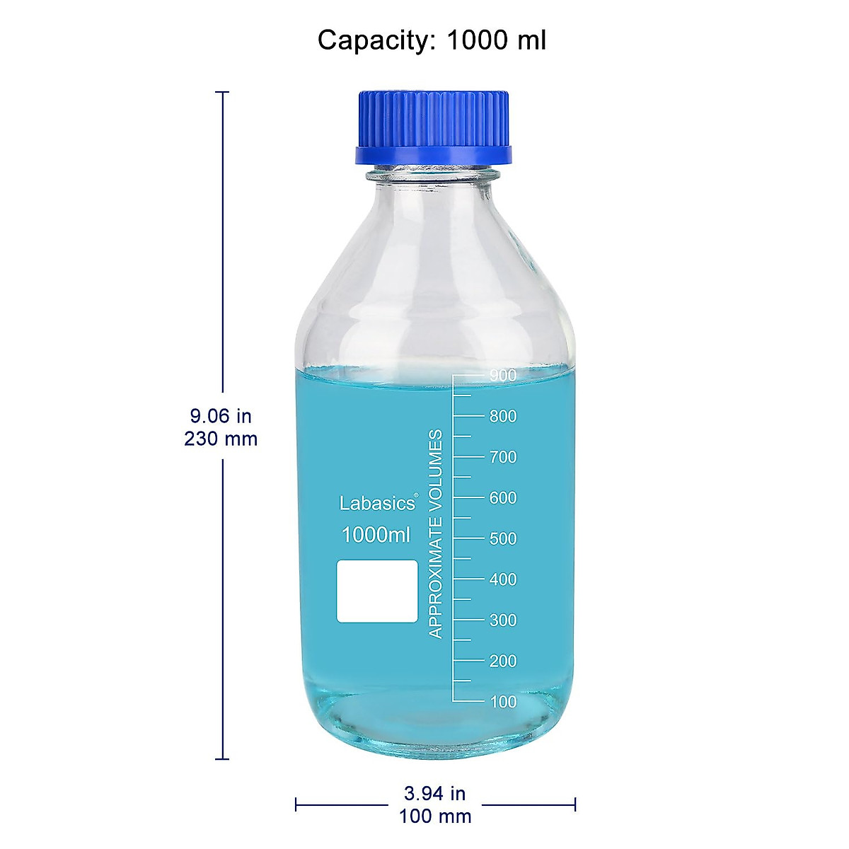 Labasics Round Media Storage Bottles with GL45 Blue Screw Cap, Glass Clear Wide Mouth Graduated Round Reagent Media Storage Lab Glass Bottle, 1000 ml