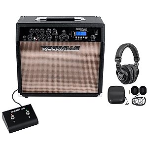 Rockville G-AMP 40 Guitar Combo Amplifier Amp Bluetooth/Mic in/USB/Footswitch Bundle with Rockville PRO-M50 Studio Headphones w/Detachable Coil Cable, Case with Extra Ear Pad