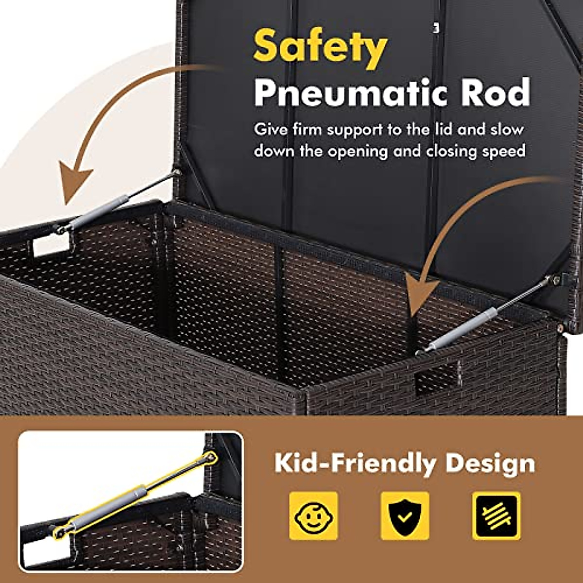 Tangkula 50 Gallon Wicker Deck Storage Box, Patio Rattan Storage Container with 2 Universal Wheels, Safety Pneumatic Rod, Zippered Liner, Sturdy Steel Frame, Ideal for Backyard, Poolside (Mix Brown)