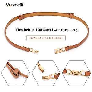 VONMELLI Women's Leather Skinny Belt for Dress Adjustable Thin Waist Belt for Ladies Brown