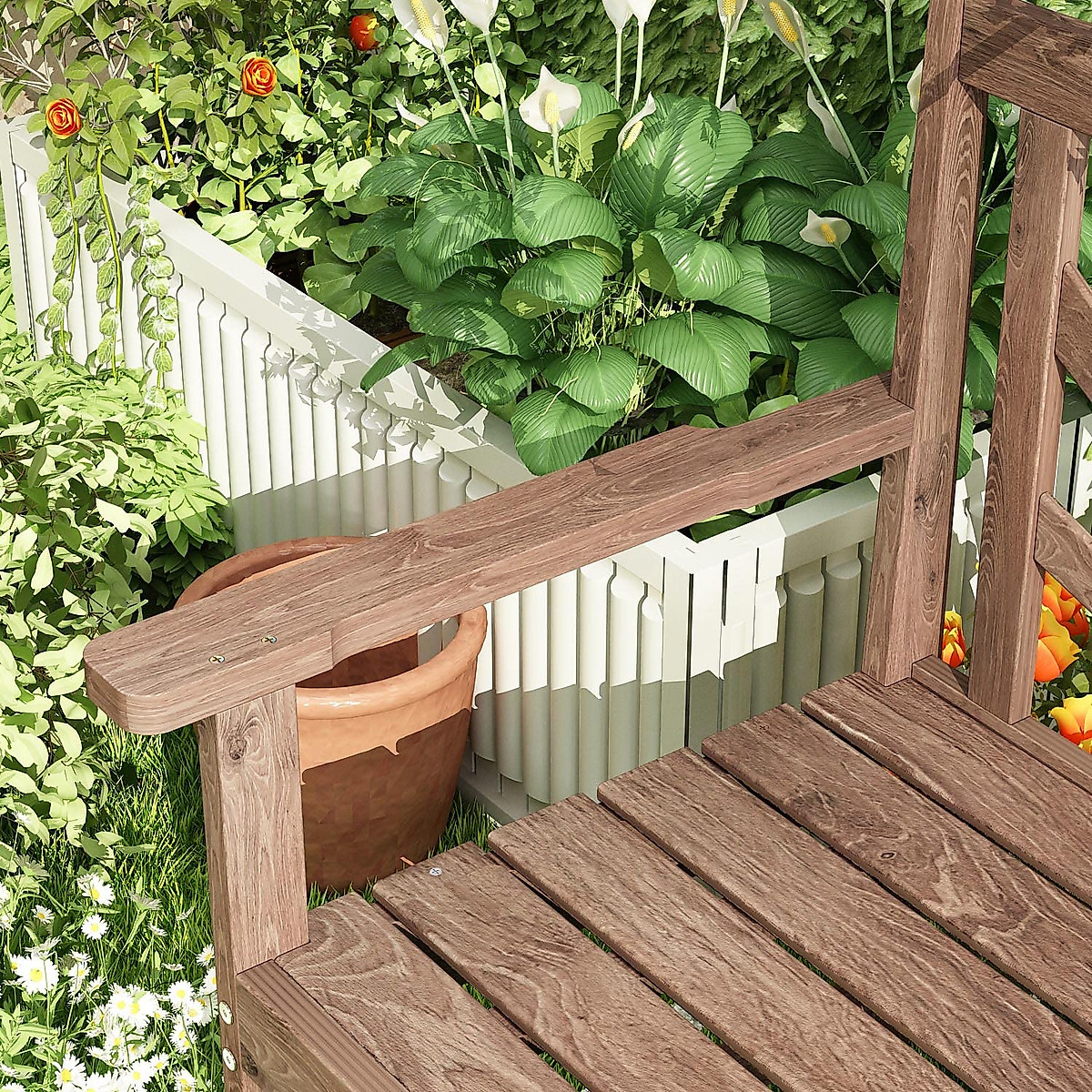 Timechee Outdoor Garden Bench, 43.3" Patio Wood Loveseat Benches, 2-Person Weather Resistance Wooden Garden Seating Furniture with Armrests & Backrest for Porch,Lawn, Brown