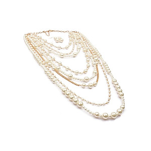 Askana Women's Vintage Retro Classic Style 1920s Fashion Faux Simulate Pearls White Beads Long Multi-layer Layered Statement Strands Necklace with Earrings