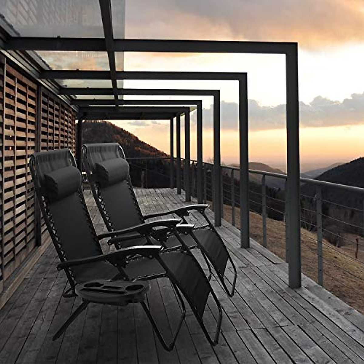 iMounTEK Set of 2 Adjustable Zero-Gravity Reclining Outdoor Lounge Chairs w/Pillows & Cup Holder Side Tray, Supports 330lbs, for Patio, Porch, Deck, Poolside, Beach, Lawn, Yard - Black/Blue/Brown/Tan