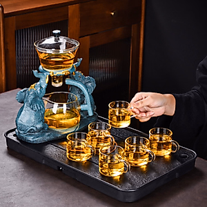 GODNOEI Elephant Glass Tea Set Lazy Kungfu Magnetic Water Diversion Creative Glass Teapot Semi Automatic Tea Maker Suit Kitchen Bar Supplies (6 tea cups)