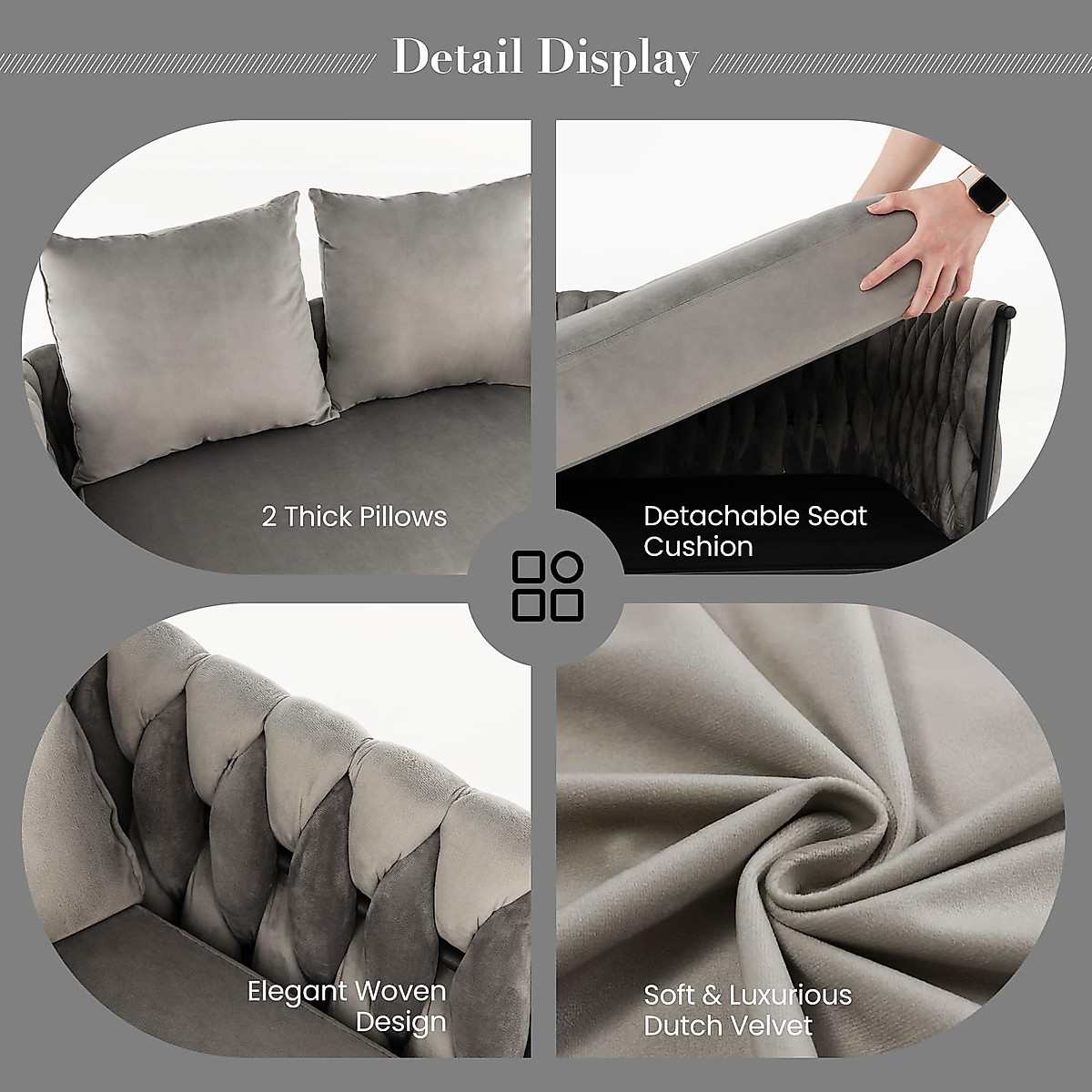 KOMFOTT 43” Loveseat Sofa, Modern Upholstered 2-Seat Sofa with 2 Back Pillows, Woven Backrest & Armrest, Mid Century Modern Dutch Velvet Sofa for Living Room Bedroom Apartment (Gray)