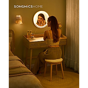 SONGMICS HOME BOHOVEN Collection - Vanity Stool, Upholstered Makeup Stool with Solid Wood Legs, Round Footstool, Non-Slip Foot Pads, Boho Style, for Bedroom, Makeup Room, Cream White and Oak Beige