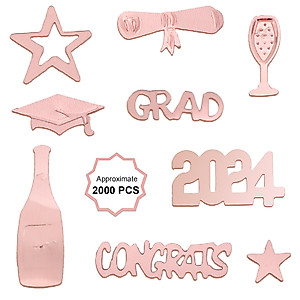 Konsait 2024 Rose Gold Graduation Confetti, 2 Oz/ 1700+ Pieces Graduation Table Decorations Congrats Stars 2024 Cap Goblet Diploma Confetti for Birthday Graduation Decorations Party Decor Supplies