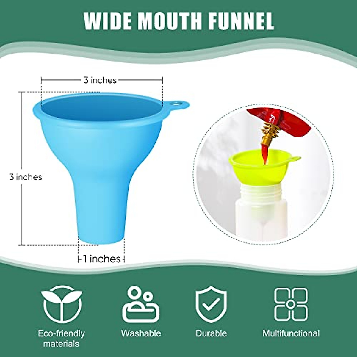 Silicone Funnels 4 Pieces Wide Mouth Funnel Flexible Condiment Funnel Sauce Funnel Canning Funnel Set for Home Restaurant Kitchen Squeeze Bottles Jars Cans, 3.2 x 1 Inch(Mixed Colors)