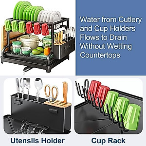 Ourackey Dish Drying Rack, Two Tier Dish Drying Rack for Kitchen Counter Large Dish Rack Kitchen with Drainboard Set for Sink, Dish Drainer with Utensil Holder, Cups Holder, Black
