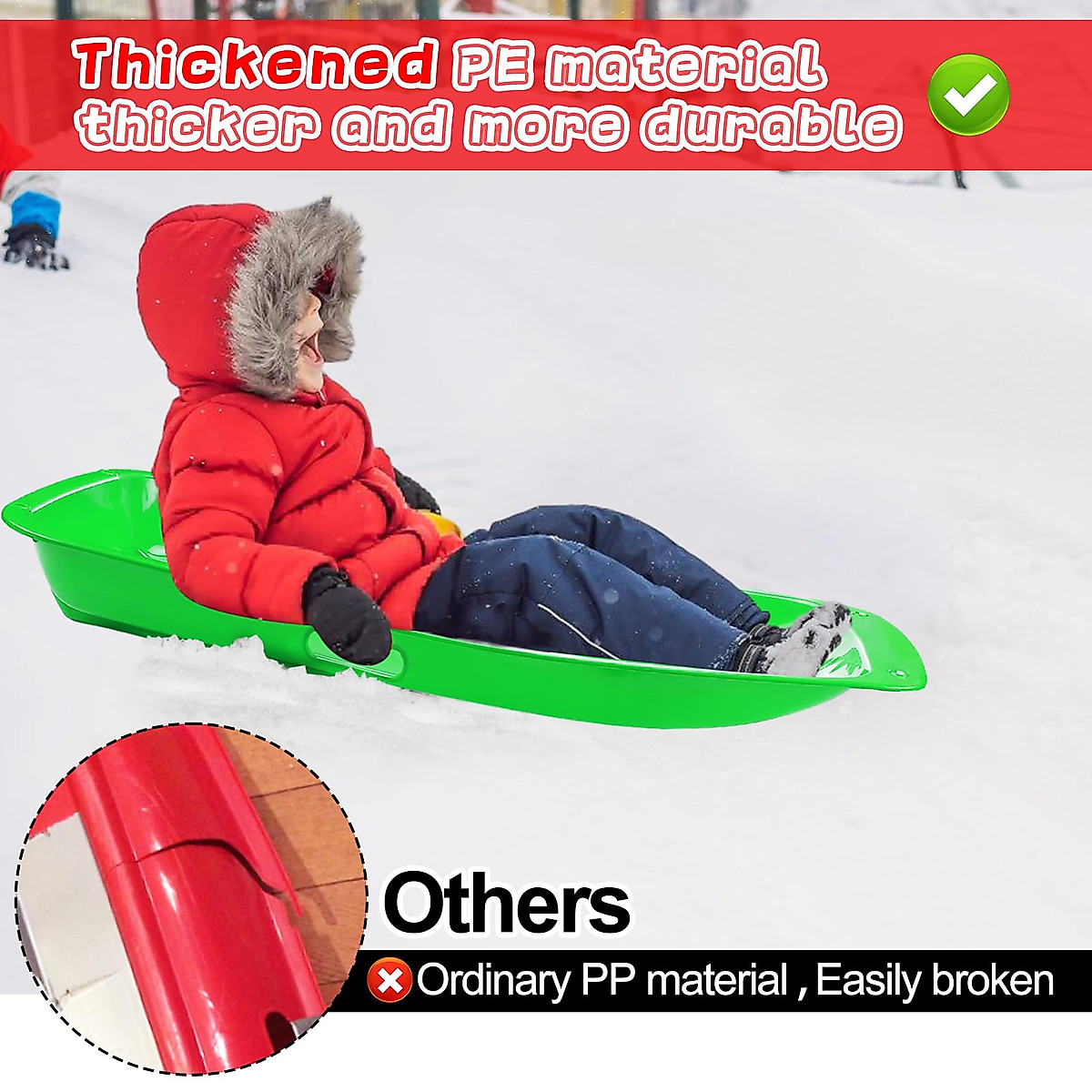 3Pack Plastic Snow Sled for Kids & Adults 35" x 17" - Flexible Toboggan Sleds with Pull Rope & Two Handles for up to 2 Sledders Winter Snow Sledding Downhill Outdoor, S