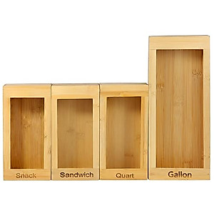 Linemoon Storage Bag Organizer Kitchen Drawer Compatible with Ziploc, 4 Piece Bamboo Sandwich Bag Organizer