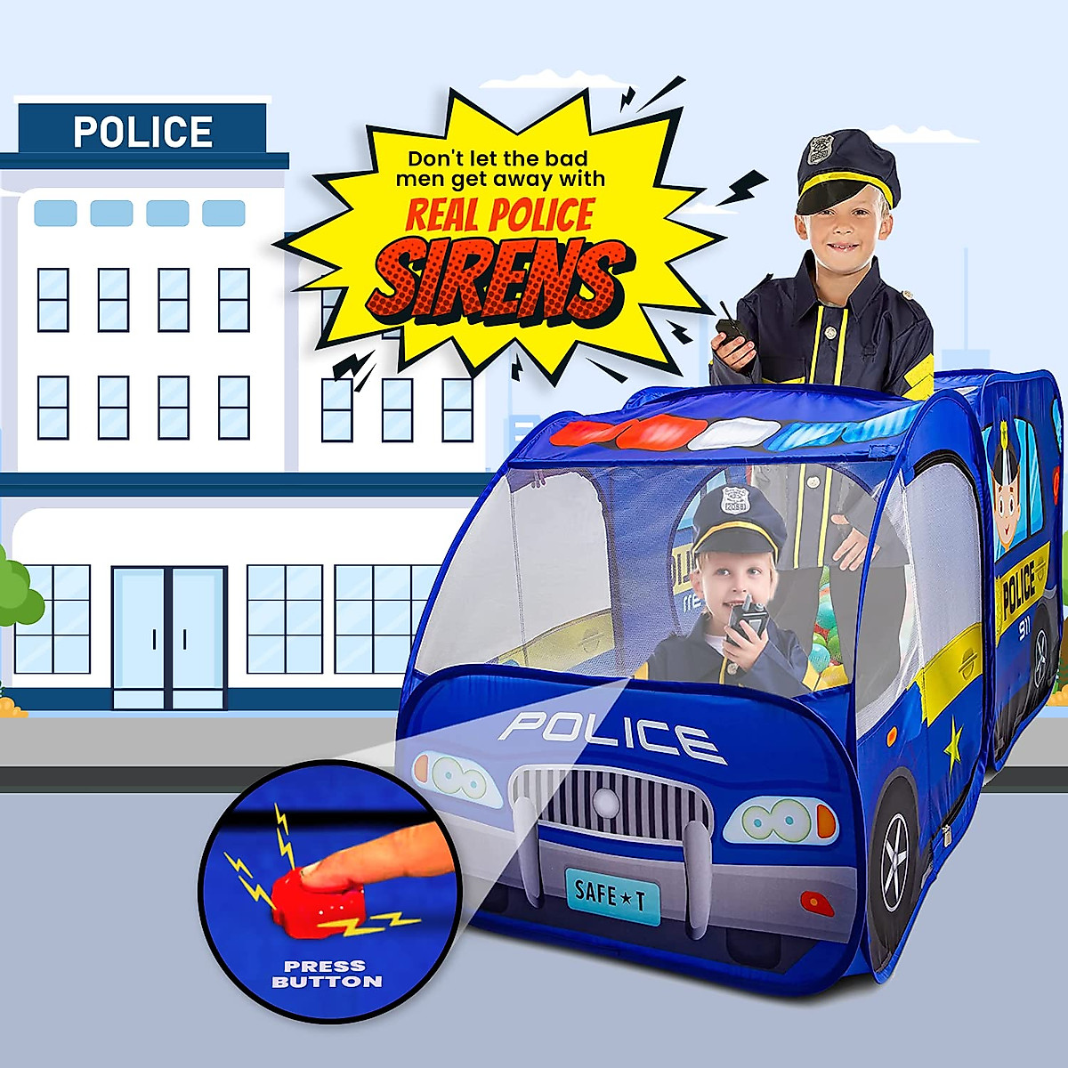 Police Car Pop Up Play Tent with Sound Button for Kids, Toddlers, Boys, Girls, Indoors & Outdoors – Playhouse for Interactive Fun - Foldable, Quick Setup Pretend Play Toys & Gift