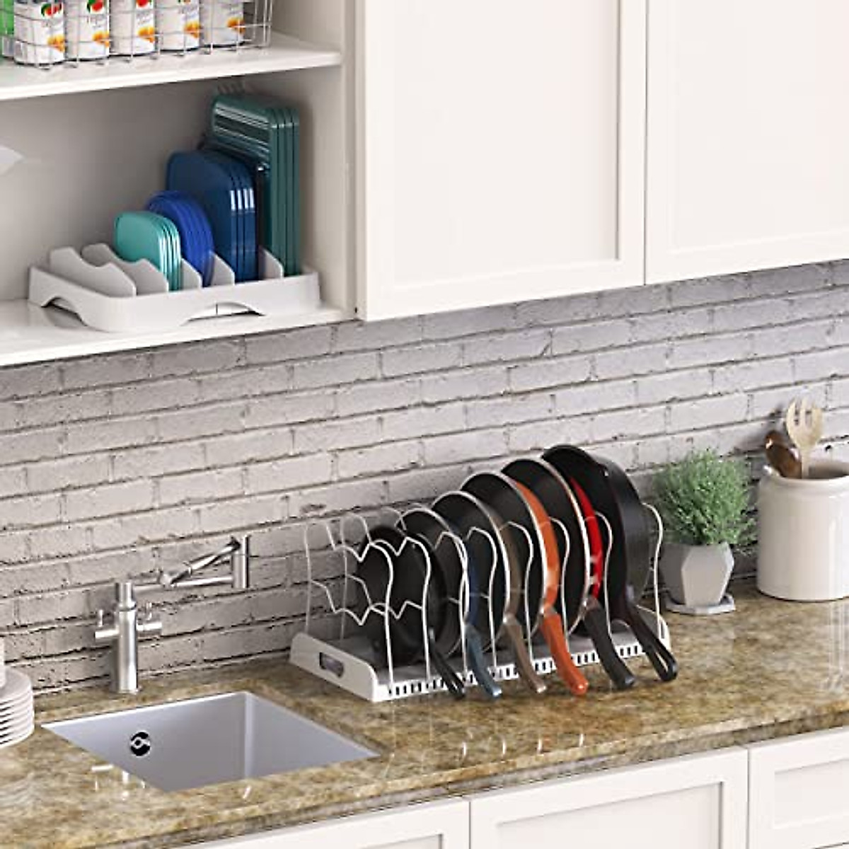 Simple Houseware 10 Compartments Expandable Pan Organizer, White, Plastic, Metal, 12"-22"L x 9.5"W x 8.5"H