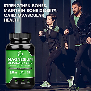 Magnesium Glycinate Capsules, Magnesium Glycinate Supplement with Magnesium Glycinate 500 mg, Zinc, Vitamin D3 & B6 - Promotes Nerve, Bowel, Relaxation Function - 60 Vegan Capsules