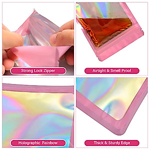 EONJOE 100-pack 3×4 inch mylar bags with clear window holographic resealable sealable packaging zip bag for small bussiness jewelry candy sample food packing supplies （Pink）