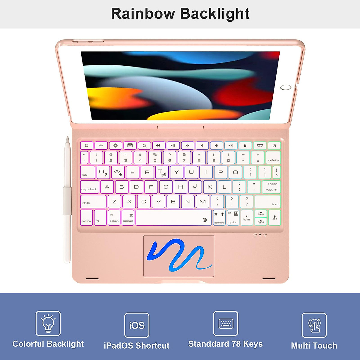 NOKBABO iPad 9th Generation Case with Keyboard, 360° Rotatable Touchpad and 7 Color Backlight & Pencil Holder for iPad 9th/8th/7th Gen 10.2 inch & iPad Air 3rd Gen/iPad Pro 10.5 inch - Rose Gold