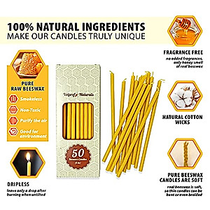 50 Natural 100% Pure Raw Beeswax Taper Candles ( 6") Natural Honey Scent Birthday Cake, Dripless, Smokeless, Nontoxic, Natural Cotton Wick