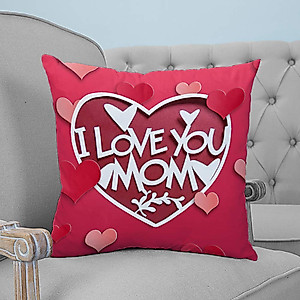 Roses Garden Throw Pillow Cover I Love You Mom Red Heart Pattern Pillow Case Square Cushion Cover Super Soft Brushed Fabric Room Decor Pillowcase for Home Couch Sofa Bed, 18" x 18"