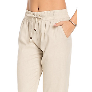 Poplooks Women's Comfy Elastic Waistband Drawstring Linen Pants (Small, Natural)