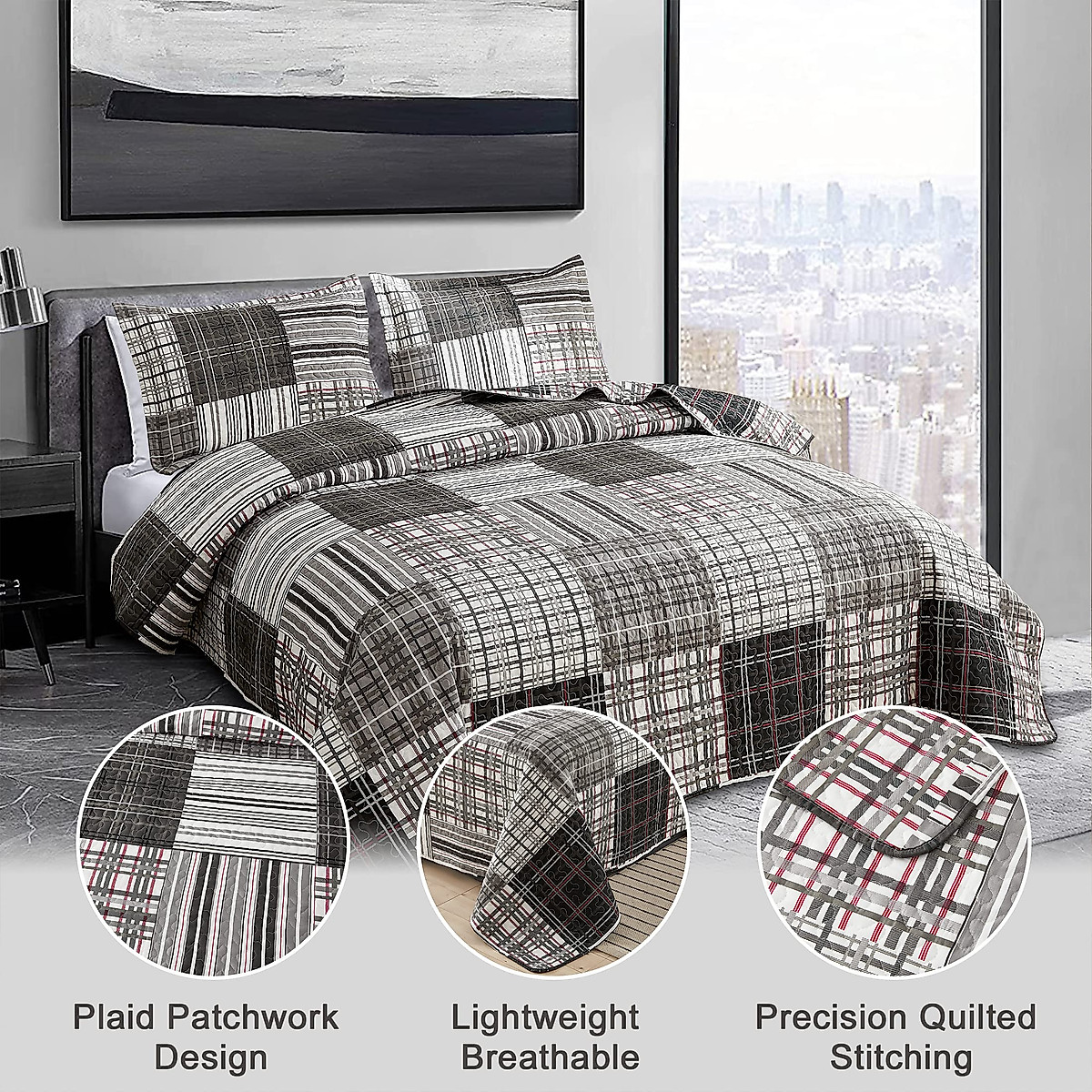 Bedspread Set Queen/Full Size Quilt Set Plaid Bed Spread Coverlet Black White Grey Plaid Patchwork Stripe Modern Quilt Bedspread Bedding Soft Lightweight Reversible Home Mens Quilts for Queen Bed