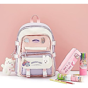 Aesthetic Cute Kawaii Backpack with Kawaii Pin and Pendants Accessories, Mochilas Para Ninas Bookbag Waterproof Nylon Material | Durable & Adorable 17"