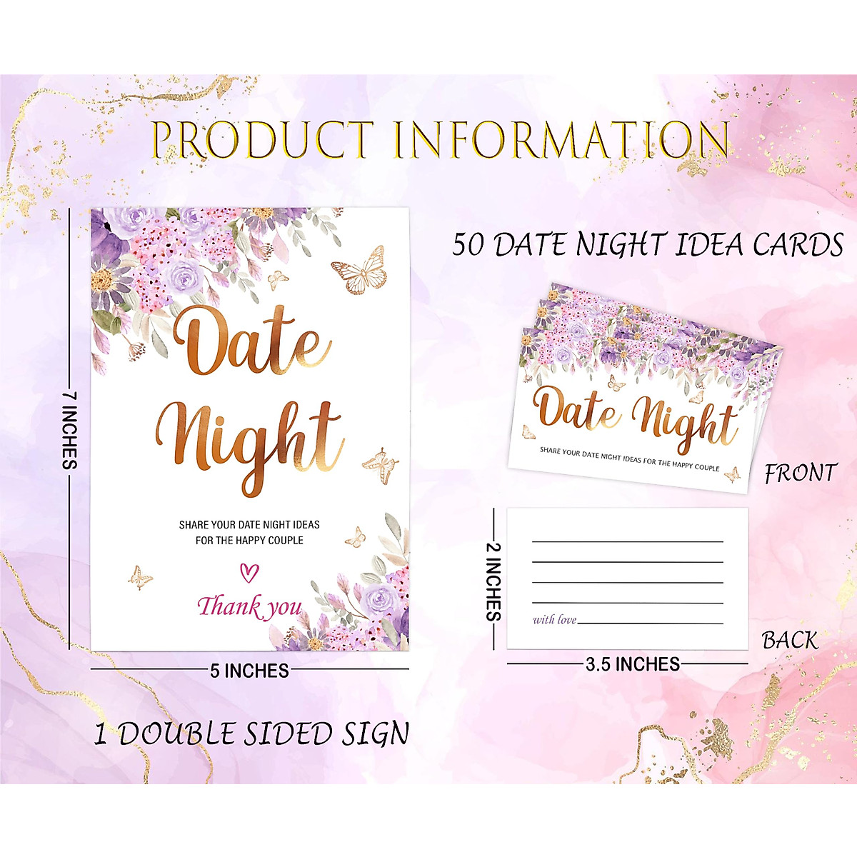 Butterfly Date Night Game, Date Night Ideas Sign with 50 Cards, Bridal Shower Game, Modern Bridal Shower Decorations, Wedding Date Night Advice - 06