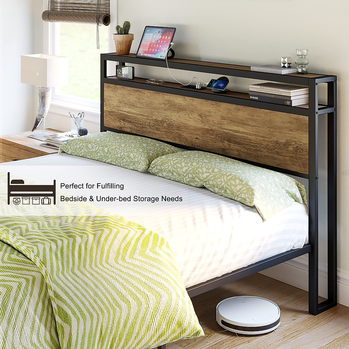 Queen Size Bed Frame, Platform Bed Frame with 2-Tier Storage Headboard and Charging Station/No Box Spring Needed/Noise Free/Industrial/Light Brown