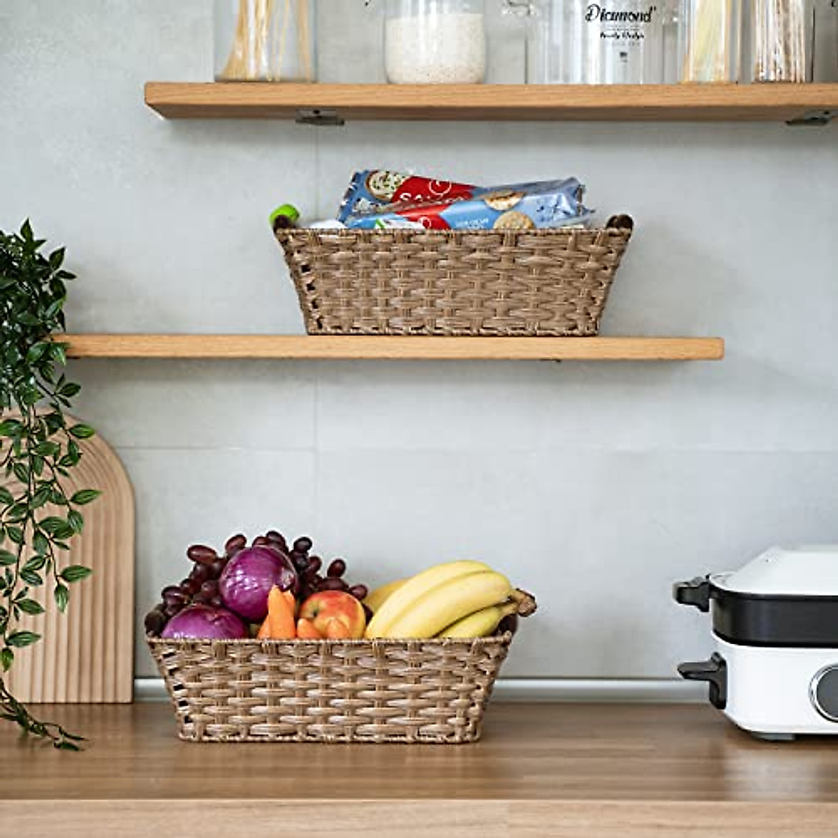 ROSOS Wicker Baskets 2 Pack, Washable Big Wicker Baskets for Storage with Wooden Handles, Waterproof Plastic Wicker Storage Basket for Shelves, Large Wicker Basket in Size 14.5"x10.6"x4.5", Brown