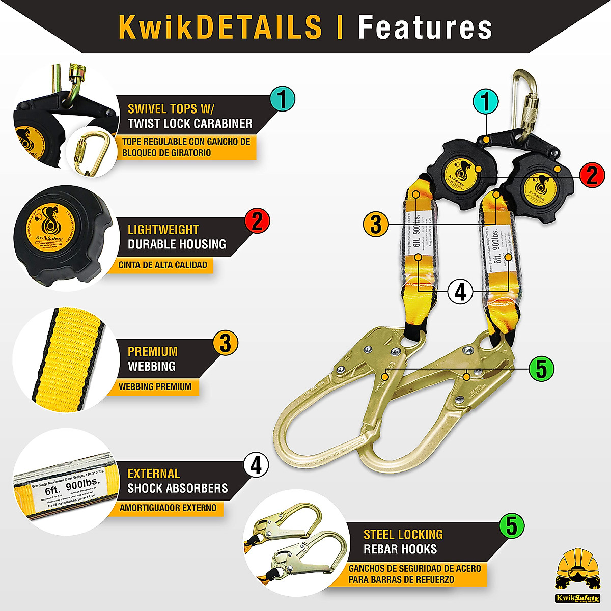 KwikSafety - Charlotte, NC - COBRA WEB 6’ Twin-Leg [NO TANGLE] Self Retracting Lifeline ANSI CLASS A SRL Rebar Hooks Shock Absorber Roofing Construction Personal Fall Arrest Protection