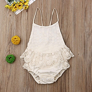Newborn Infant Baby Girl Clothes Lace Halter Backless Jumpsuit Romper Bodysuit Sunsuit Outfits Set (Off White, 6-12 Months)
