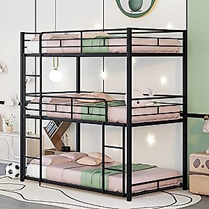 Triple Bunk Beds, Twin Over Twin Over Twin Metal Bunk Bed for Kids, Teens, Adults, Girls, Boys, Black